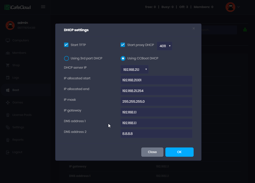 CCBoot Cloud wiki - DHCP settings